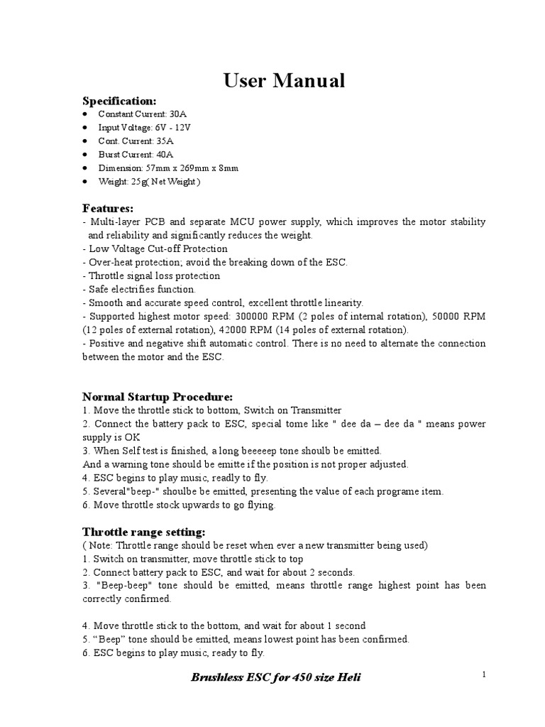 Comprehensive User Manual for a Brushless ESC for 450 Size Helicopters ...