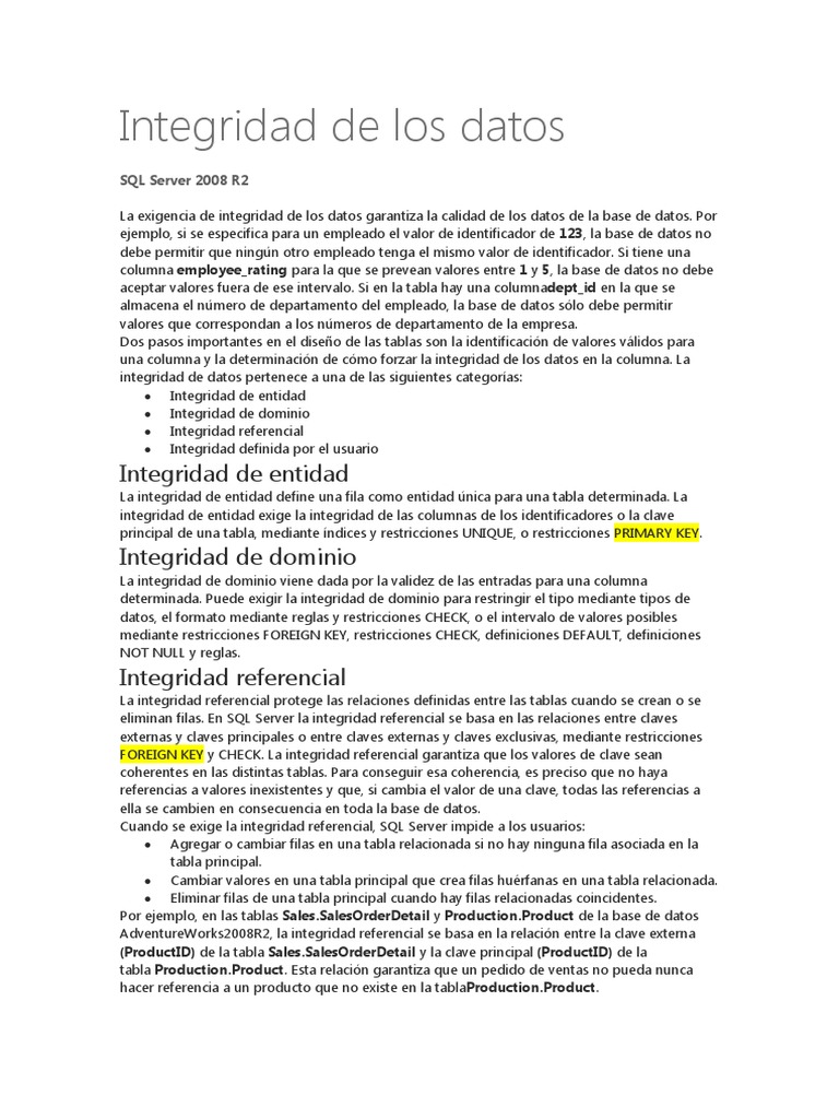 Integridad de Los Datos | PDF | SQL | Tabla (base de datos)