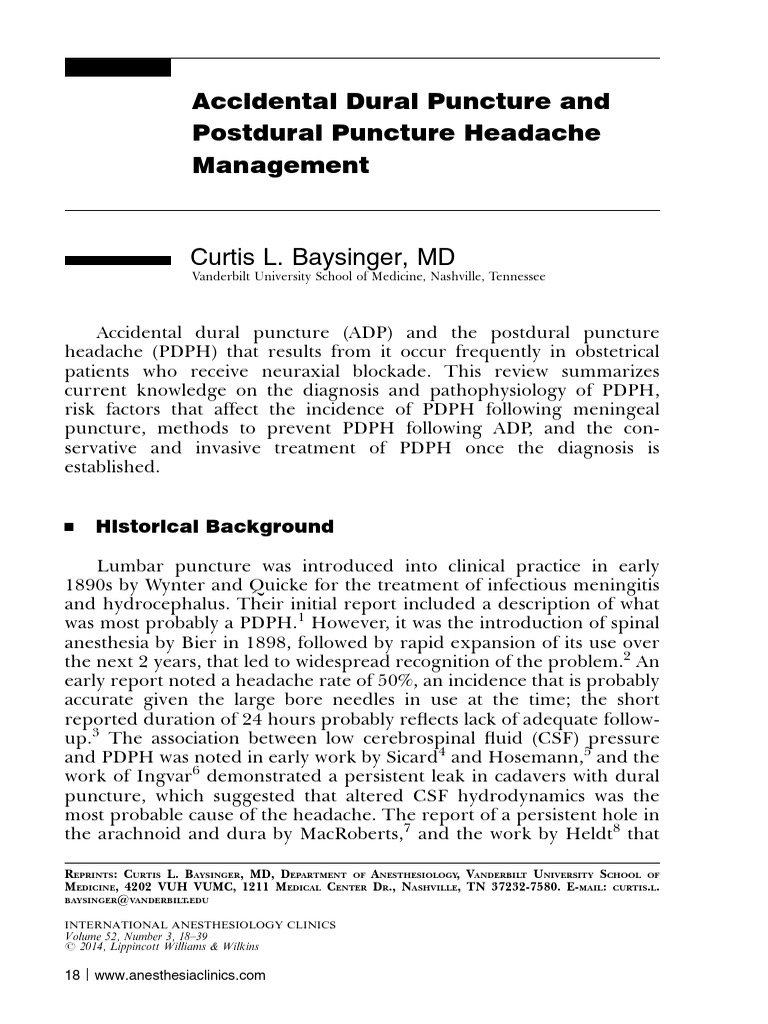 Accidental Dural Puncture and Postdural Puncture Headache PDF | PDF ...