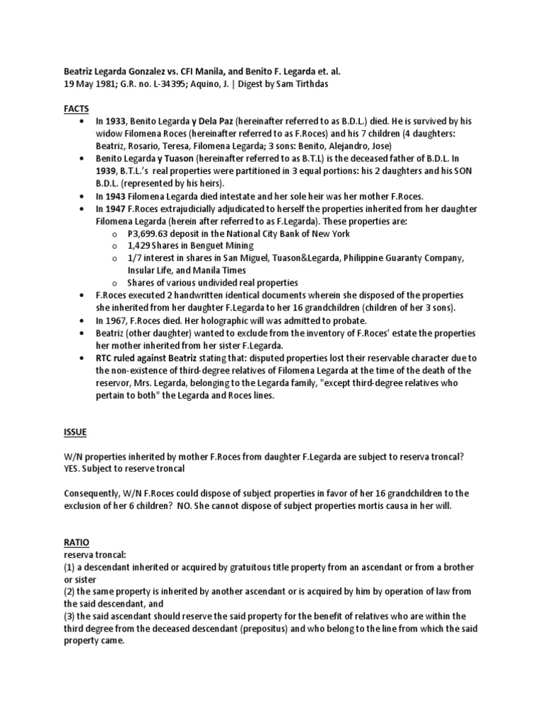 Legal Analysis: Reserva Troncal Case | PDF | Inheritance | Property