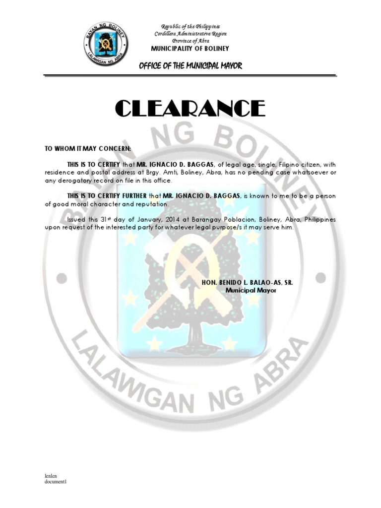 Certificates of Good Moral Character from the Municipality of Boliney ...