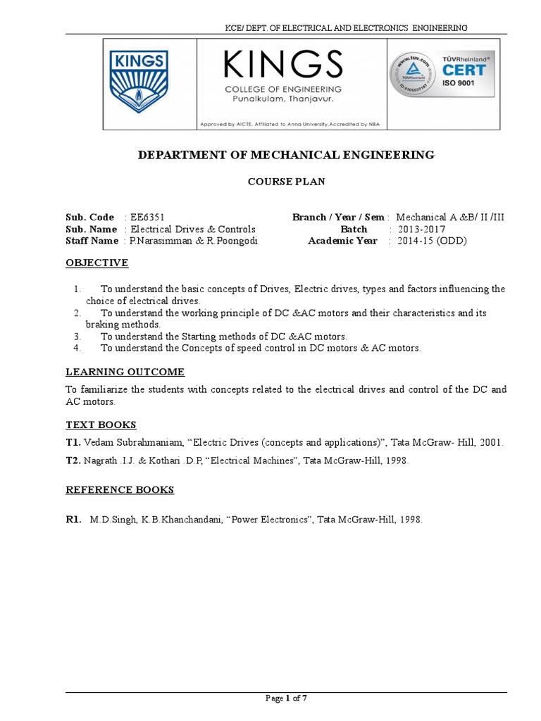 Electrical Drives & Controls Course Plan | PDF | Electronic Engineering ...