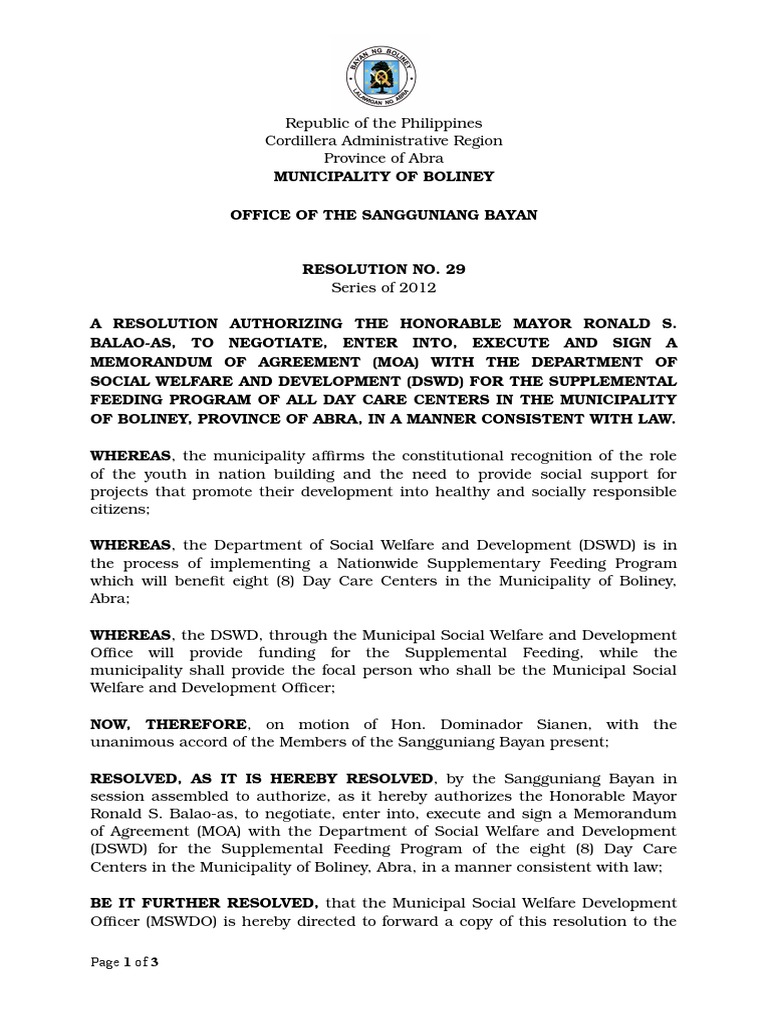 Resolution Authorizing Mayor MOA | PDF | Social Institutions | Social ...