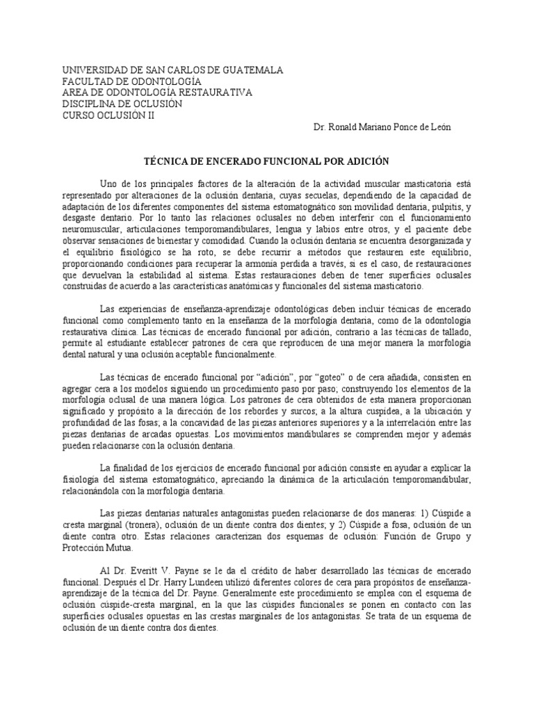 Tc3a9cnica de Encerado Funcional Cuarto 20111 PDF | PDF | Odontología | Diente humano