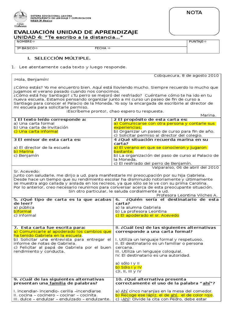 Prueba Unidad 4 Tercero | PDF