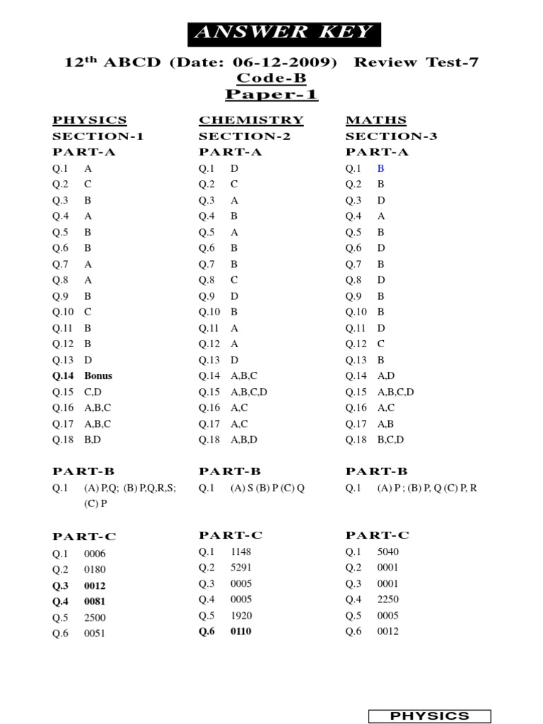 Answer Key: 12 ABCD (Date: 06-12-2009) Review Test-7 Code-B Paper-1 | PDF