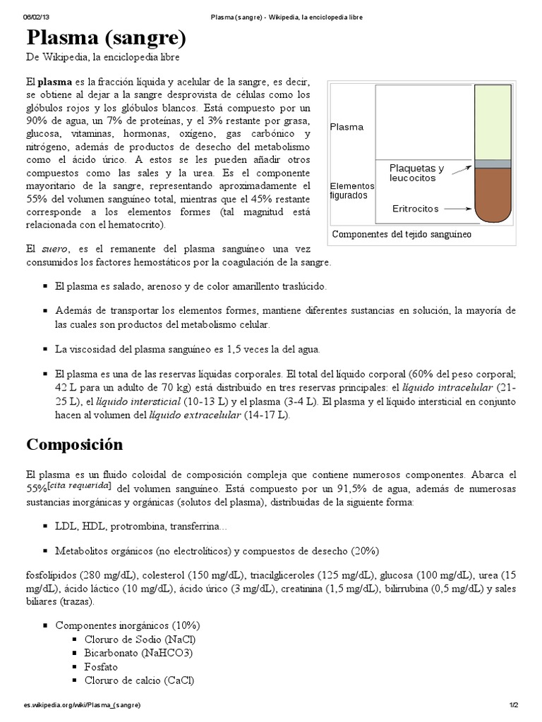 Composición y funciones del plasma sanguíneo | PDF | Plasma sanguíneo ...