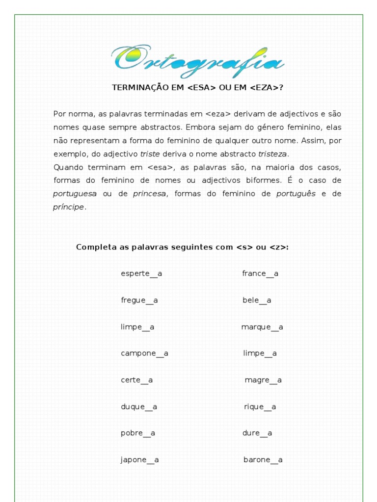 Ortografia - EZA Ou ESA | PDF