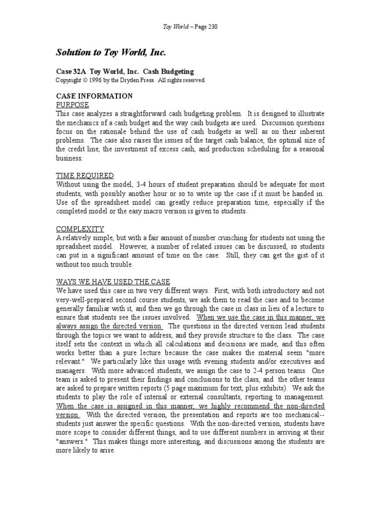 Harvard Case Study Toy World | PDF | Demand For Money | Credit