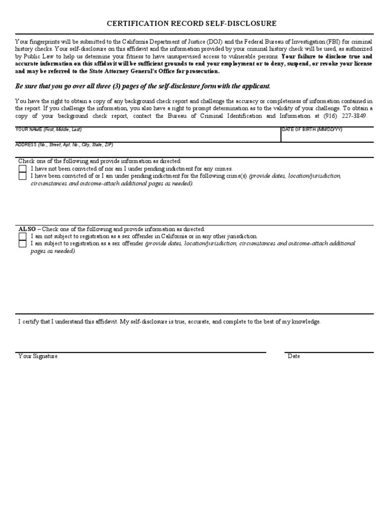 Criminal Self Disclosure Form | PDF | Sexual Slavery | Drugs