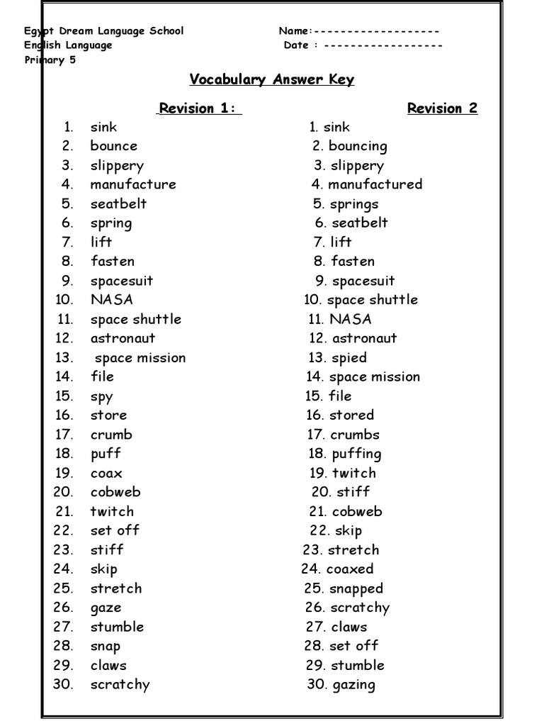 Vocabulary Answer Key Revision 1: Revision 2 | PDF