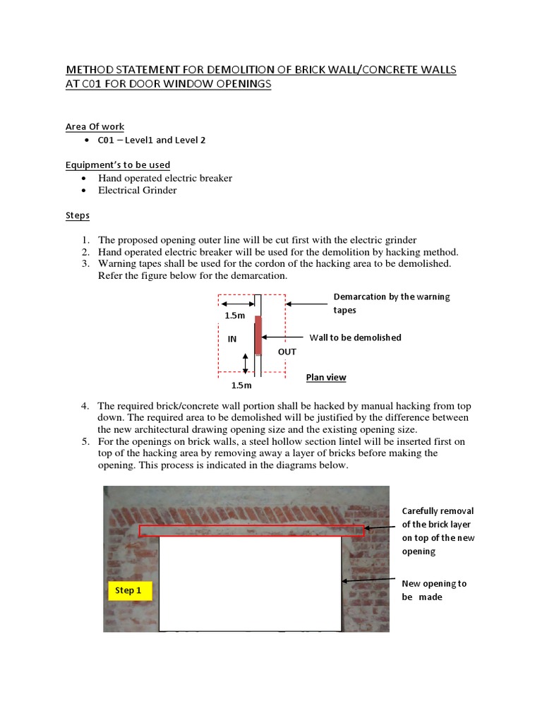 Method Statement for Demolition of Brick Concrete Walls at c01 for Door ...