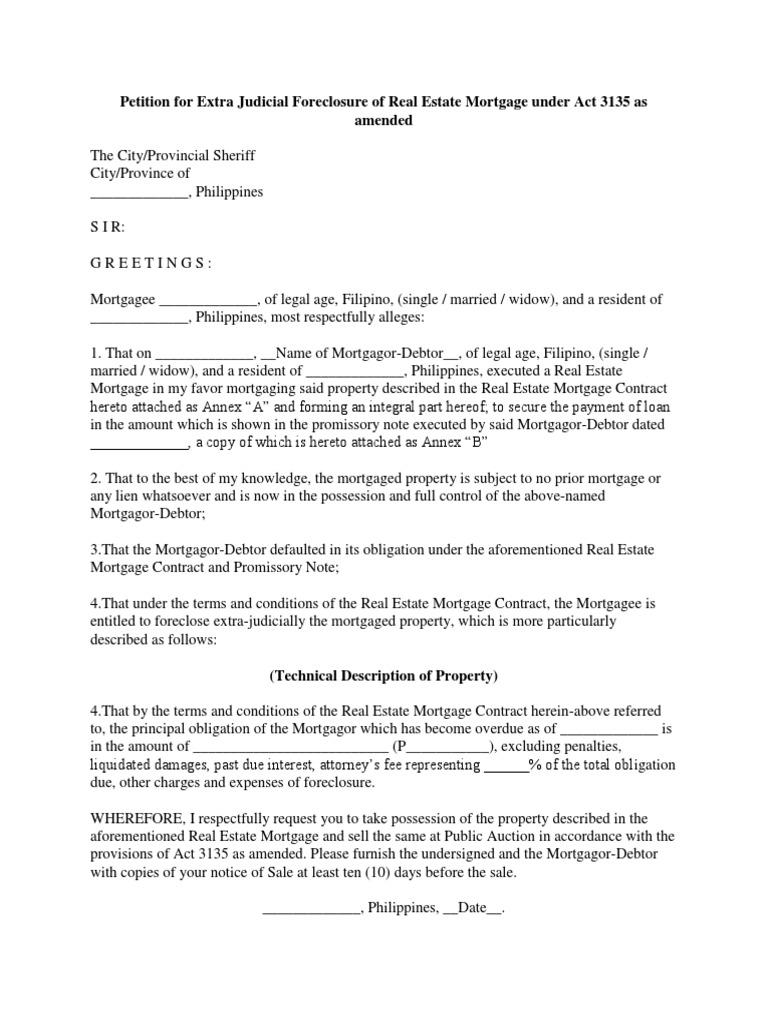Petition For Extra Judicial Foreclosure of Real Estate Mortgage Under ...