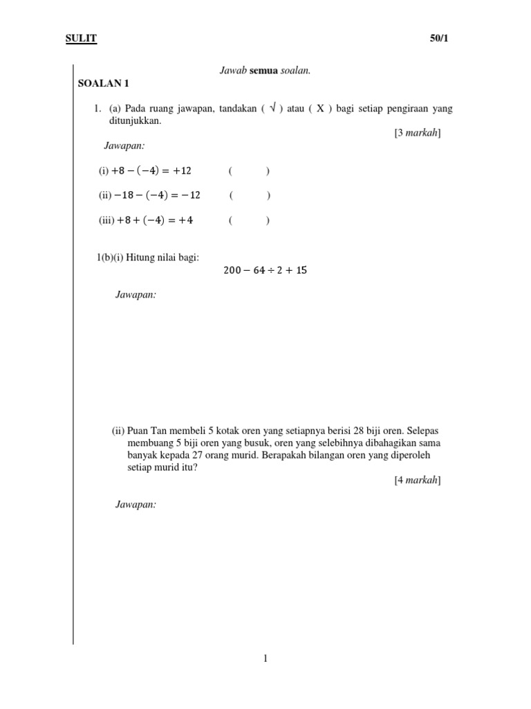 Exam Paper Math Form 1 Edit Dah | PDF