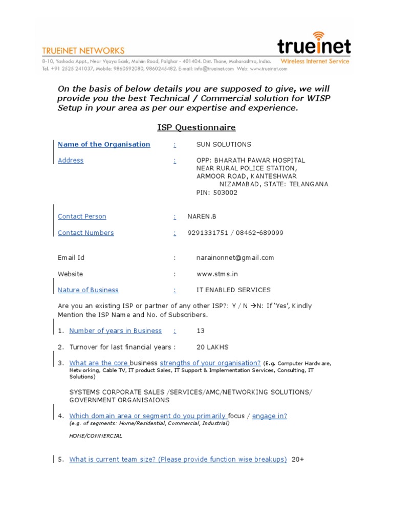 ISP Questionnaire | PDF | Wi Fi | Internet Service Provider