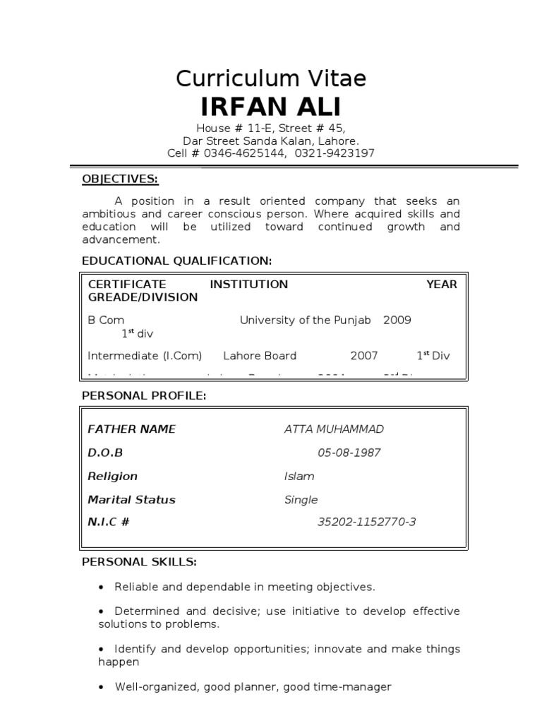 Curriculum Vitae of Irfan 97-2003 | PDF | Learning | Cognition
