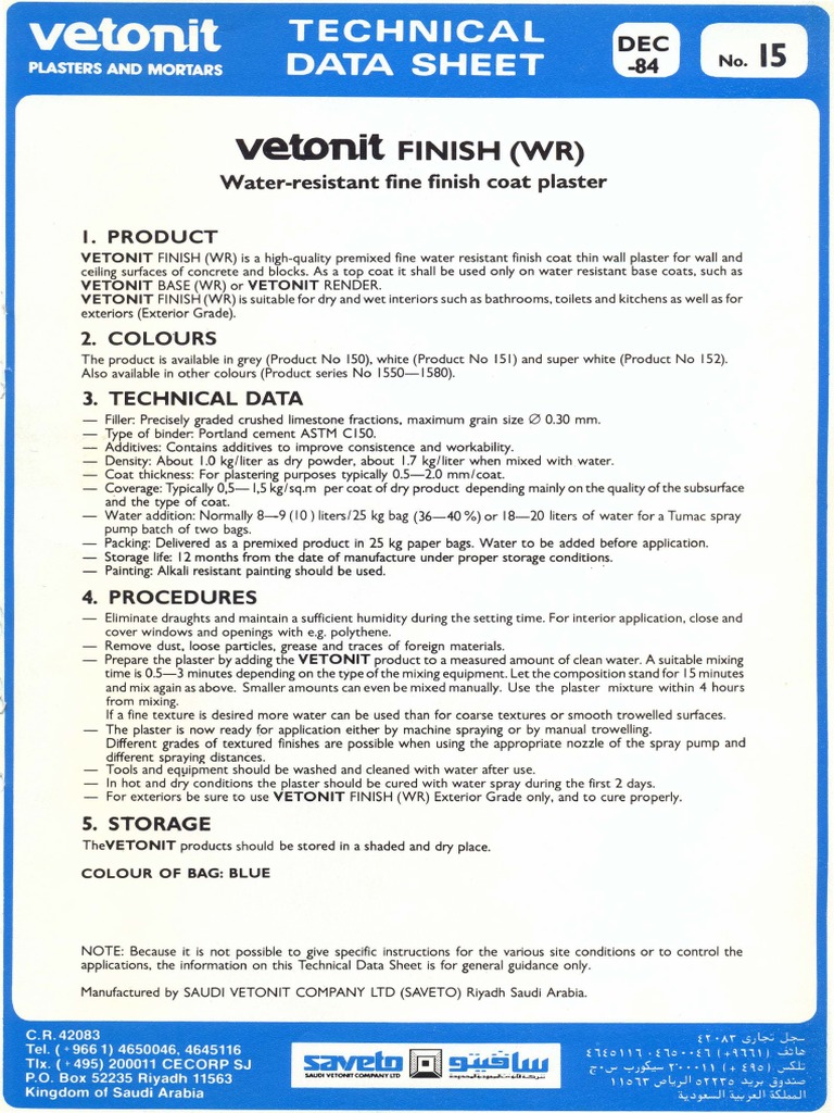 Vetonit Finish (WR) Technical Data Sheet | PDF | Plaster | Mortar (Masonry)