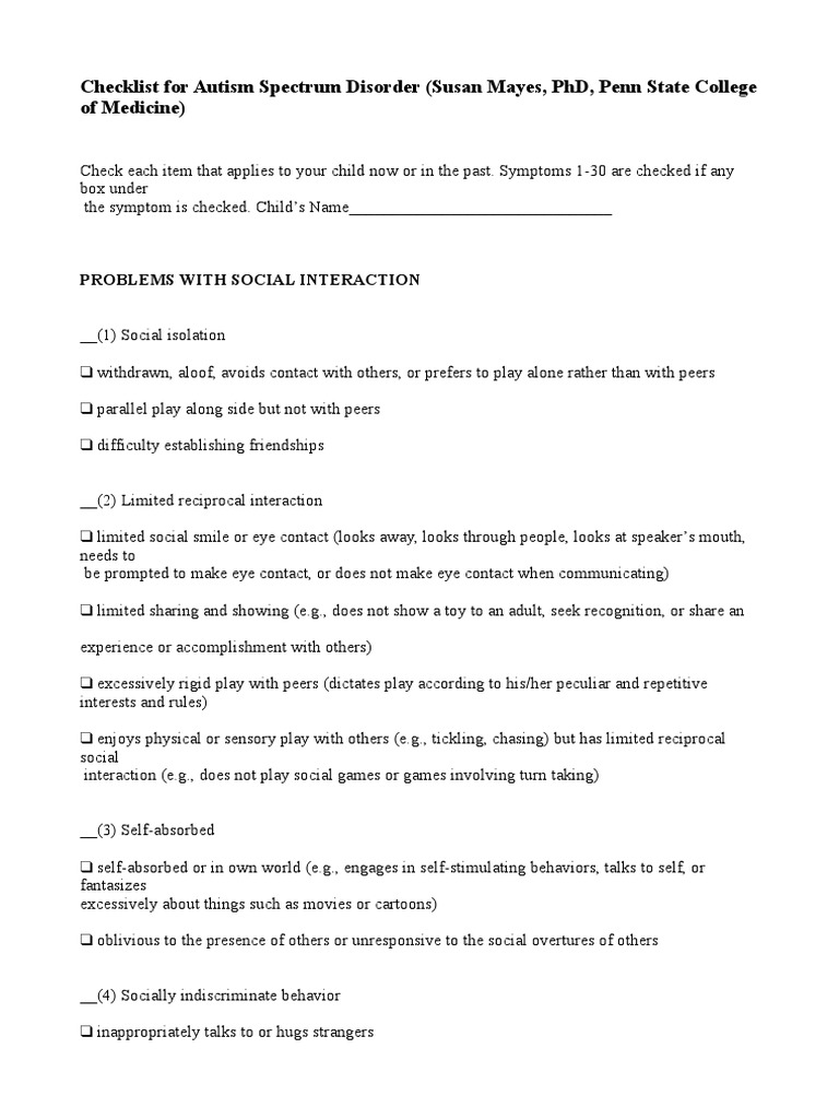 Checklist For Autism Spectrum Disorder | PDF | Autism | Abnormal Psychology