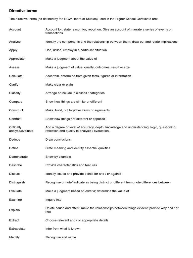 HSC BUSINESS STUDIES Directive Terms