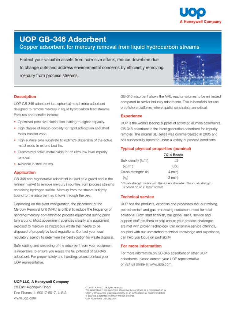 UOP GB 346 Adsorbent Data Sheet | PDF | Adsorption | Mercury (Element)