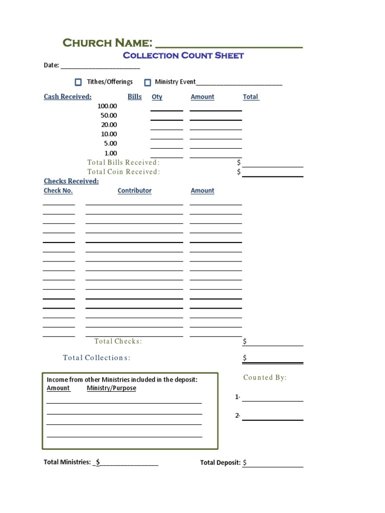 Church Name: - : Collection Count Sheet | PDF