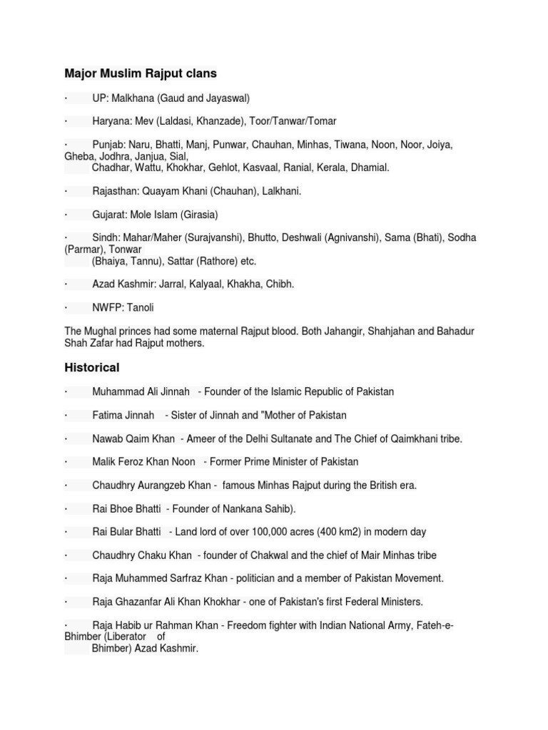 Major Muslim Rajput Clans | PDF | Pakistan Peoples Party | Pakistan