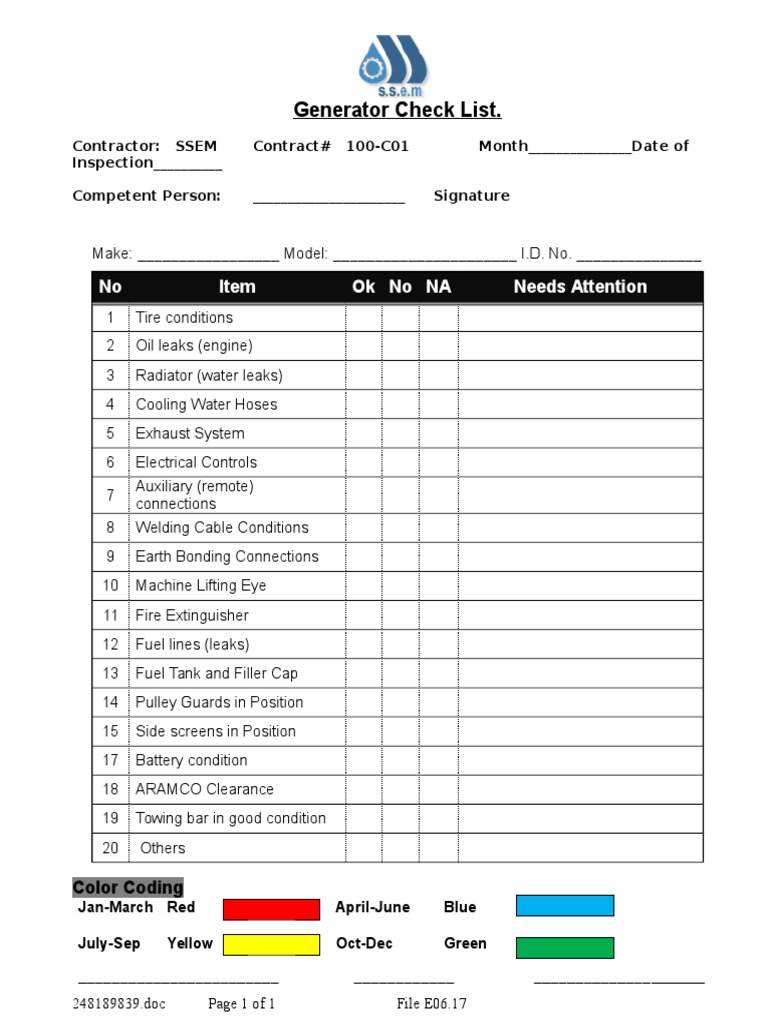 Generator Inspection Checklist | PDF