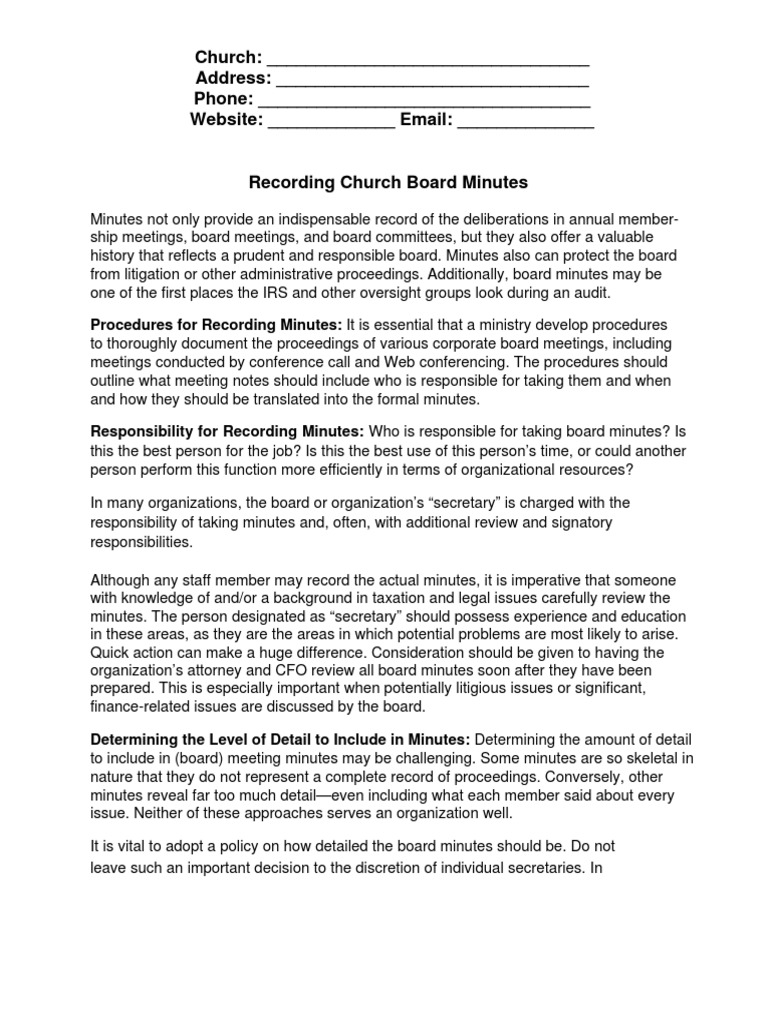 Church Board Meeting Information | Audit Committee | Board Of Directors