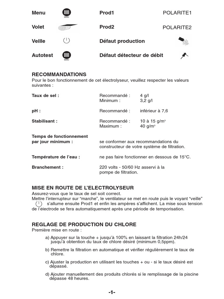 Notice Électrolyseur Pacific Sel 100 | PDF | Chlore | Chimie physique