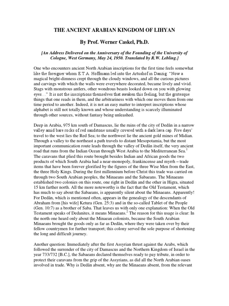 The Ancient Arabian Kingdom of Lihyan by Prof. Werner Caskel, Ph.D. | PDF