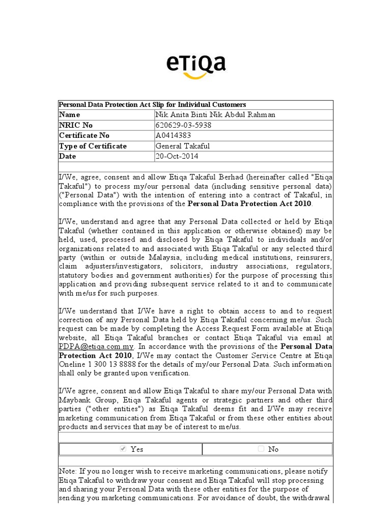 Etiqa Takaful Berhad PDF | PDF | Information Privacy | Information ...