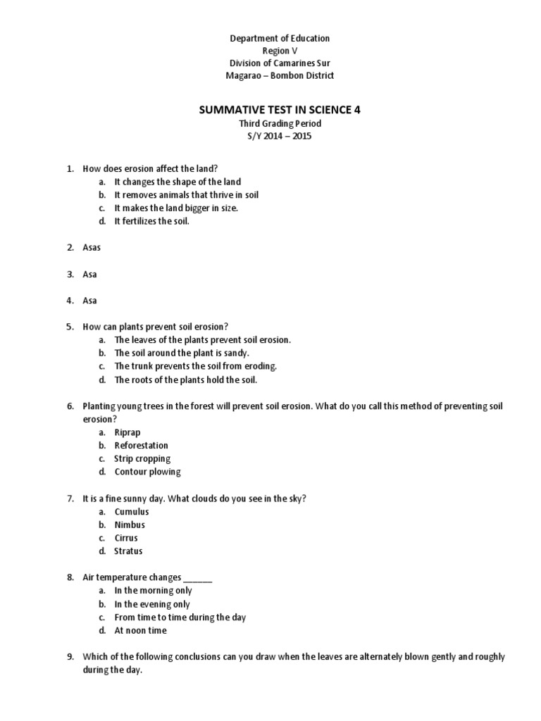 Summative Test Questions | PDF | Cloud | Wound