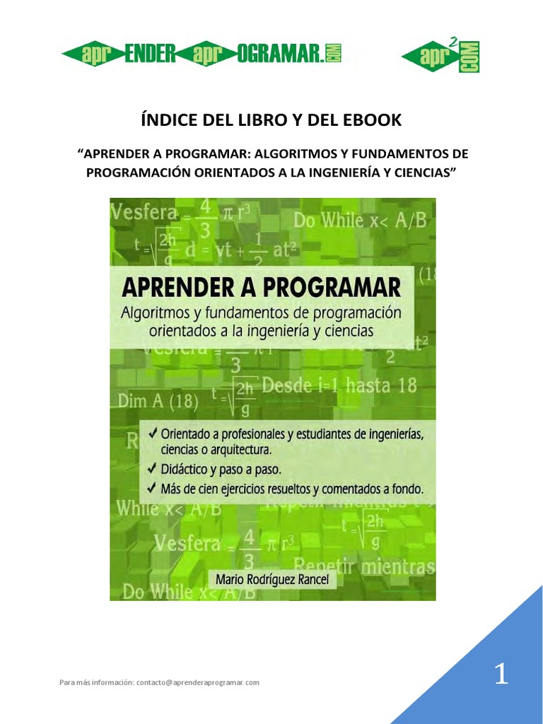 Indice Libro y Ebook Aprender A Programar Algoritmos Pseudocodigo Ingenieria PDF | PDF