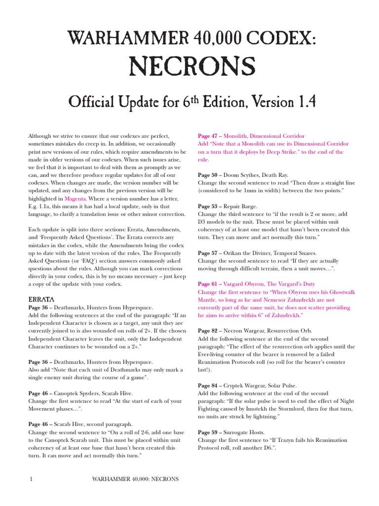 WARHAMMER 40,000 CODEX: NECRONS Official Update For 6 TH Edition ...