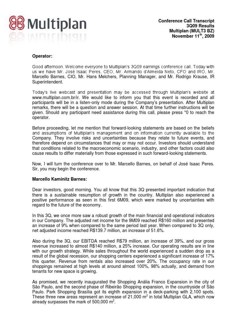 Conference Call Transcript 3Q09 Results Multiplan (MULT3 BZ) November ...