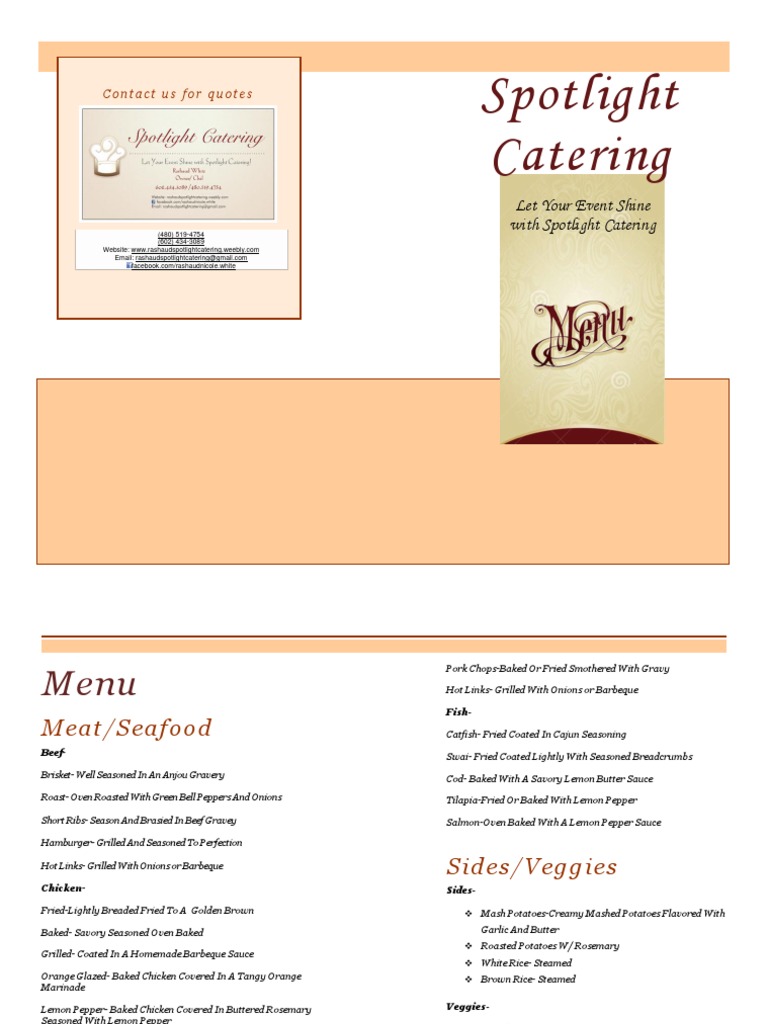 Spotlight Catering Menu and Packages | PDF | Barbecue | Salad