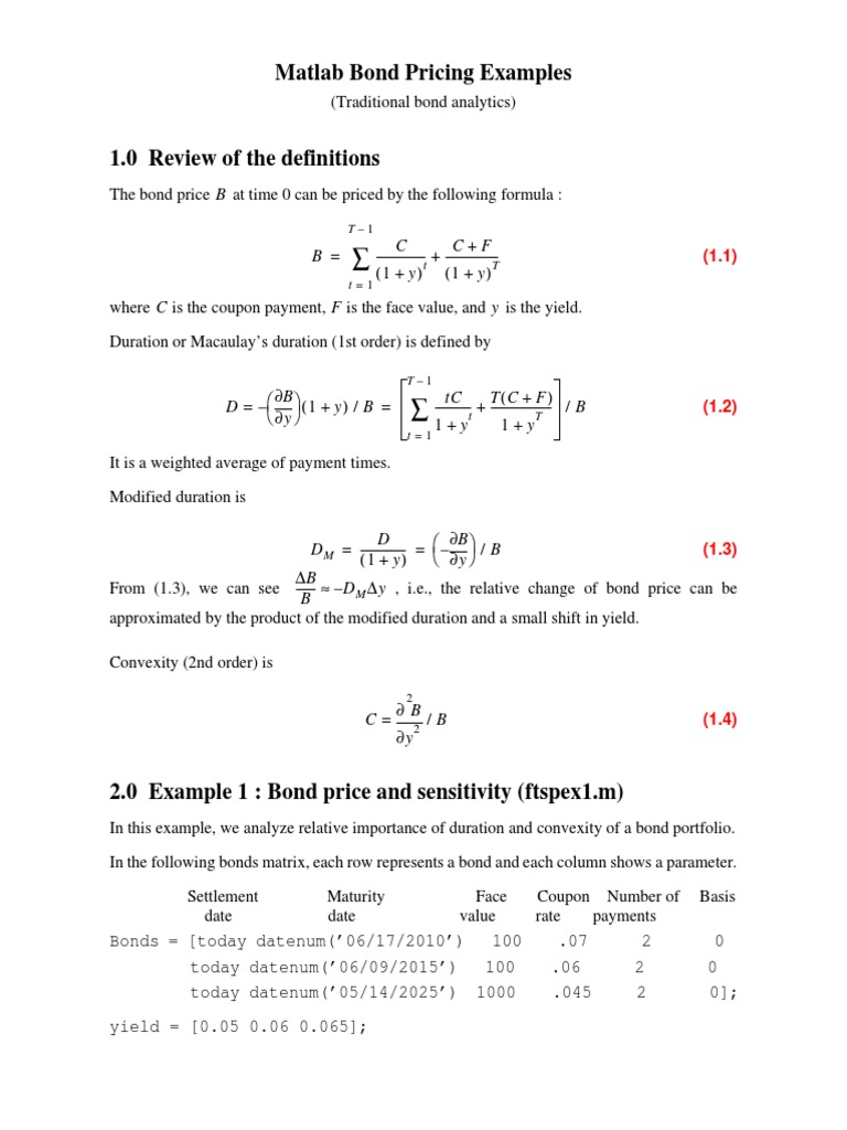 Matlab Bond Pricing Techniques | PDF | Bond Duration | Bonds (Finance)