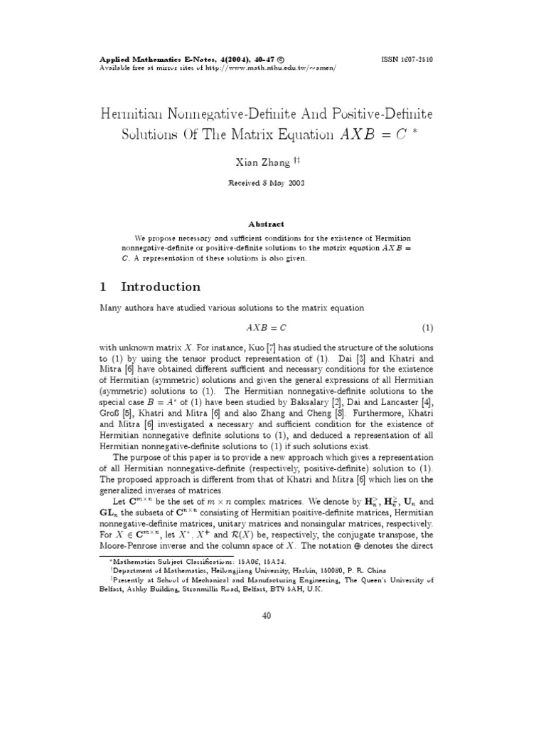 Hermitian Nonnegative-Definite and Positive-Definite Solutions of The Matrix Equation AXB C ...