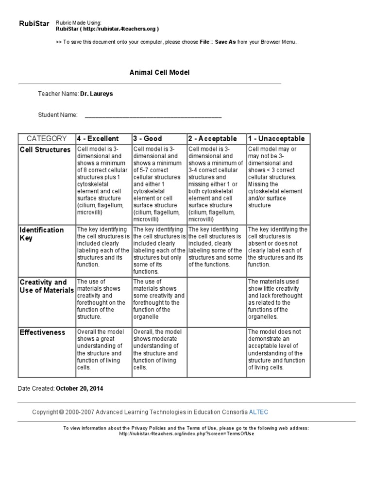 Animal Cell Rubric | PDF