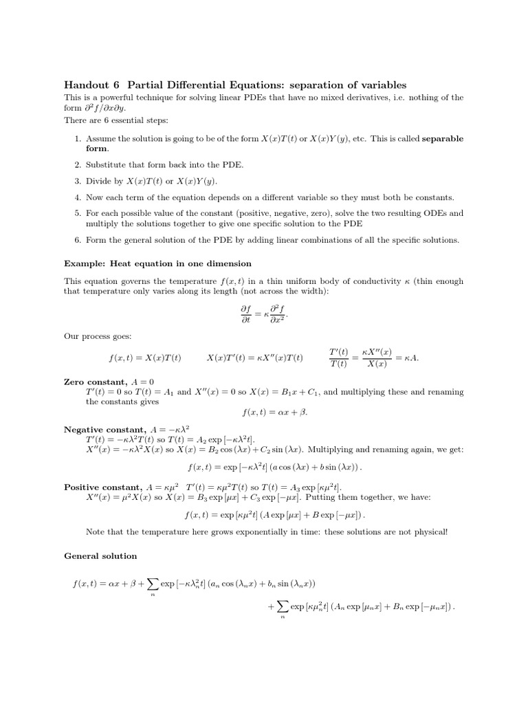 Handout 6 Partial Differential Equations: Separation of Variables | PDF ...