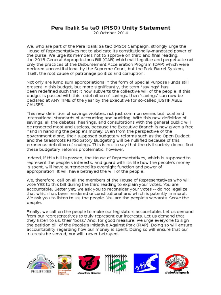 Pera Ibalik Sa TaO Unity Statement-20 October 2014) | PDF | Public ...