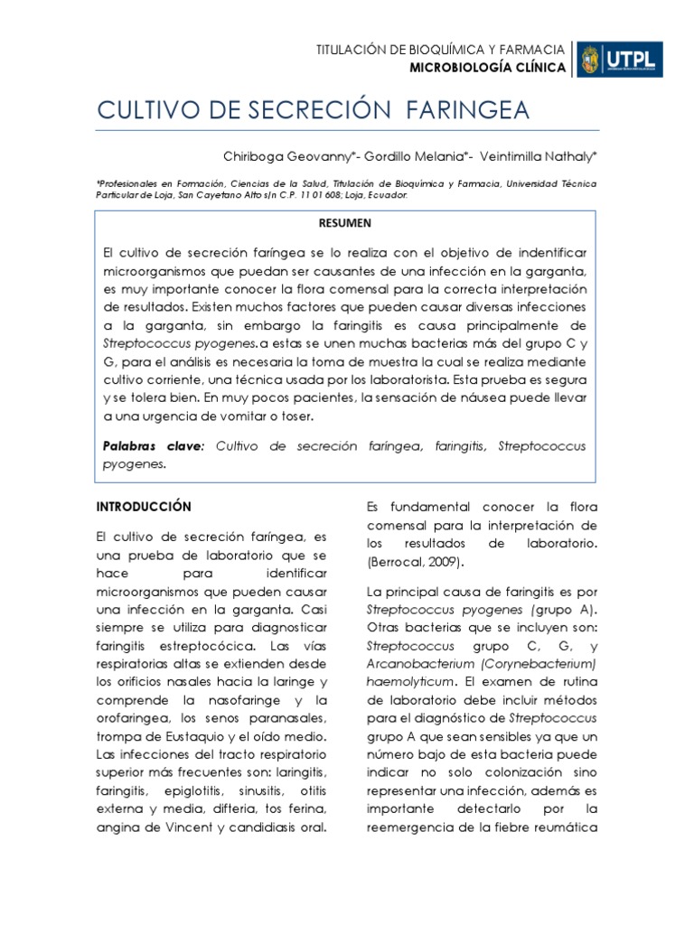 CULTIVO DE SECRECIÓN FARINGEA-informe 6 | PDF | Estreptococo | Infección