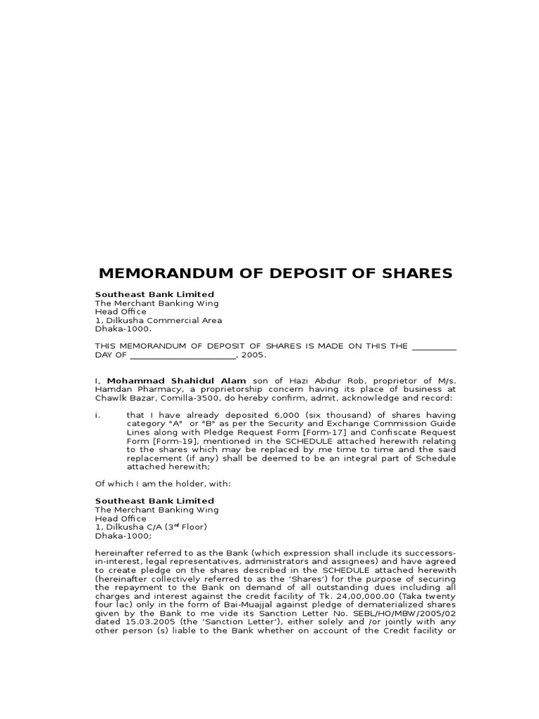 Memo Deposit of Shares | PDF | Liability (Financial Accounting ...