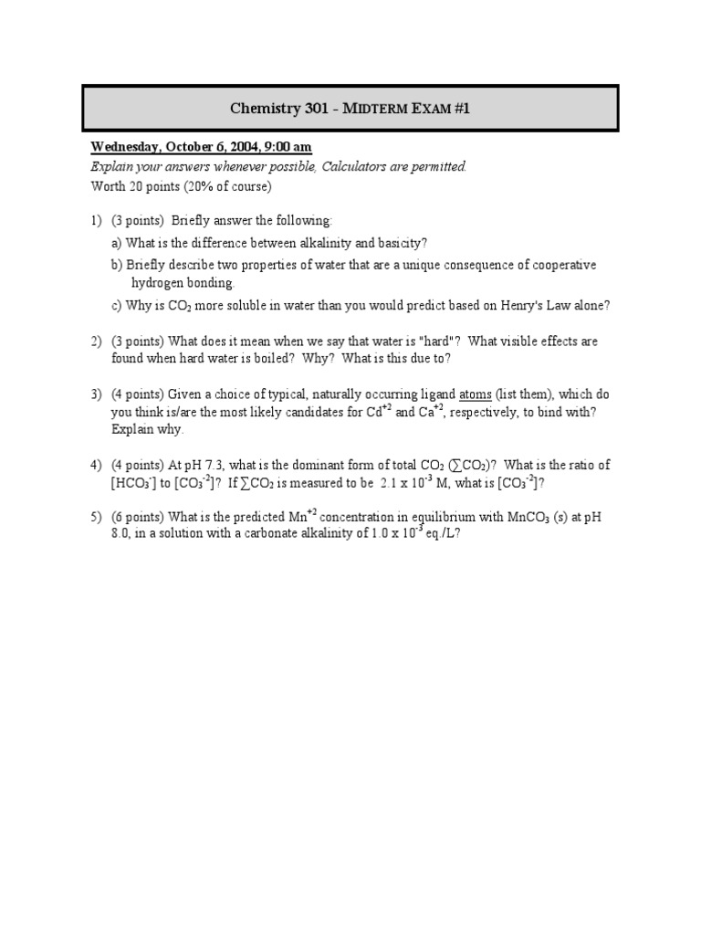 Chem 301: 2004MT1 | Download Free PDF | Chemical Equilibrium | Ph