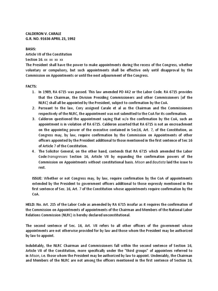 Calderon vs. Carale Case Digest | PDF | United States Constitution ...