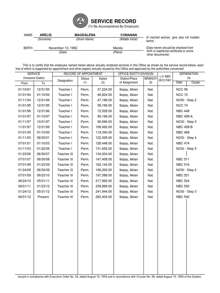 Teacher Service Record 1991-Present | PDF | Government | Business