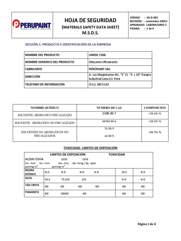 MSDS Unidil 1500 PDF | PDF | Mercancías peligrosas | Agua