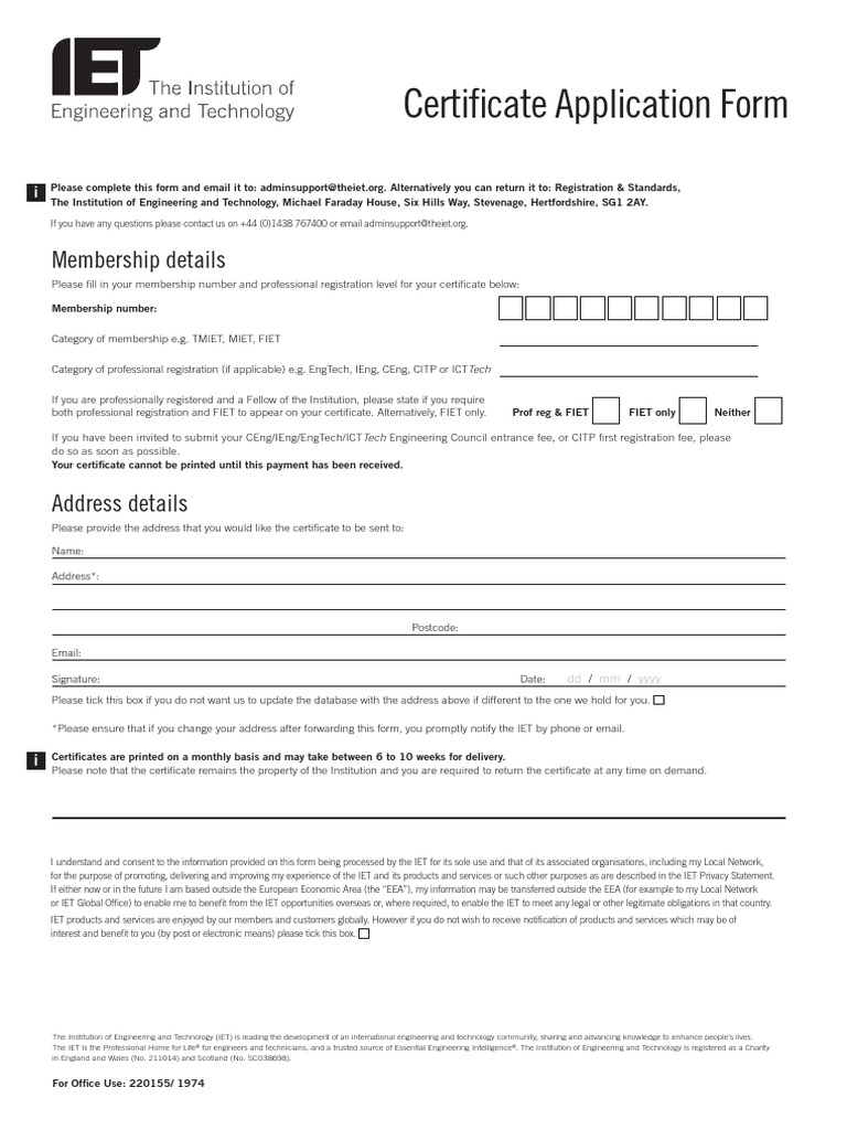 2814 - IET Certificate App Form - FILLABLE | PDF | Science And ...