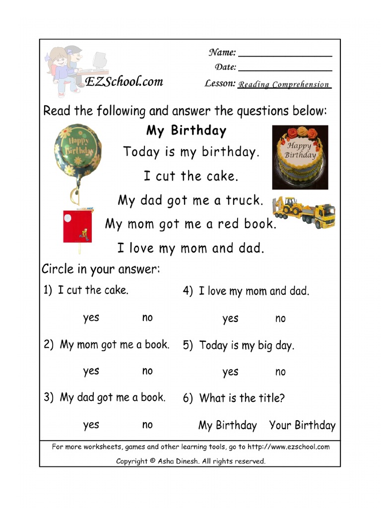 English Worksheets - Reading Comprehension - My Birthday - Theme - Life ...