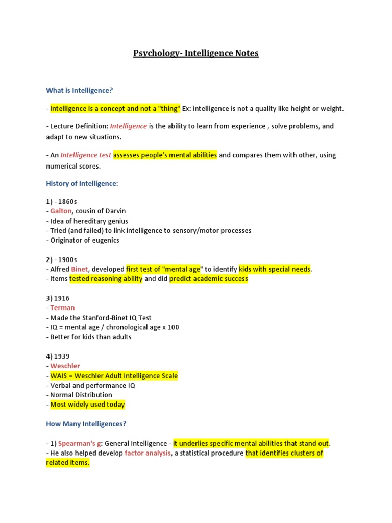 Psychology - Intelligence Notes | PDF | Intelligence | Intelligence ...